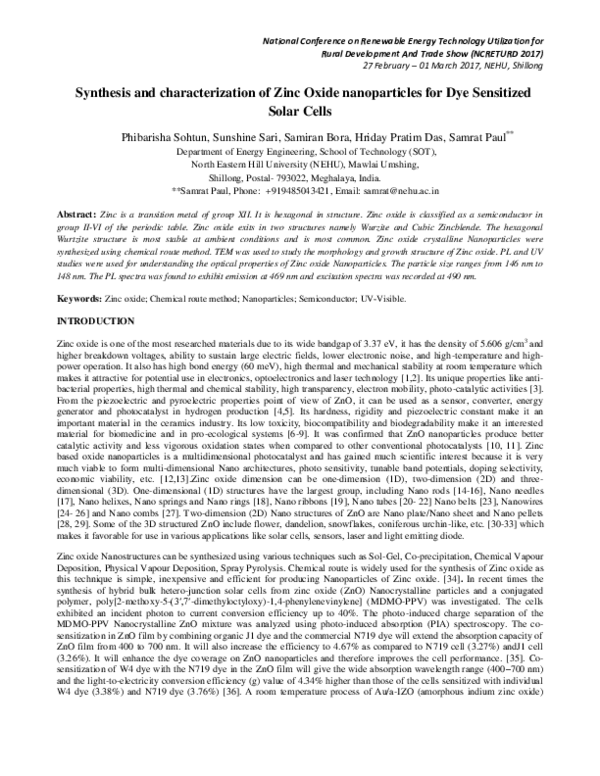 (PDF) Synthesis and characterization of Zinc Oxide nanoparticles for Dye Sensitized Solar Cells