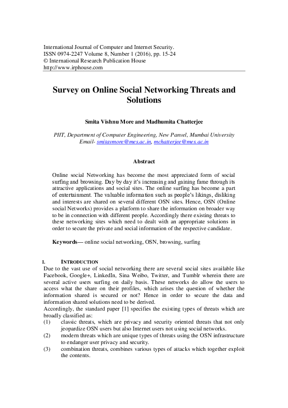 (PDF) Survey on Online Social Networking Threats and Solutions