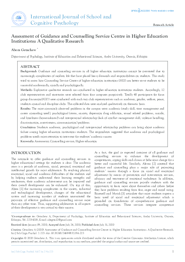 (PDF) Assessment of Guidance and Counselling Service Centre in Higher ...