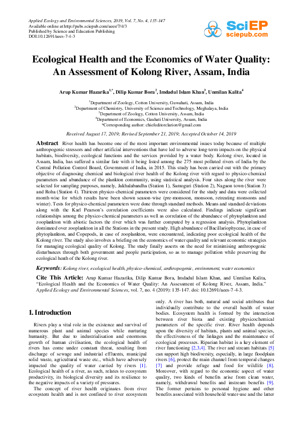 Ecological Health and the Economics of Water Quality: An Assessment of ...