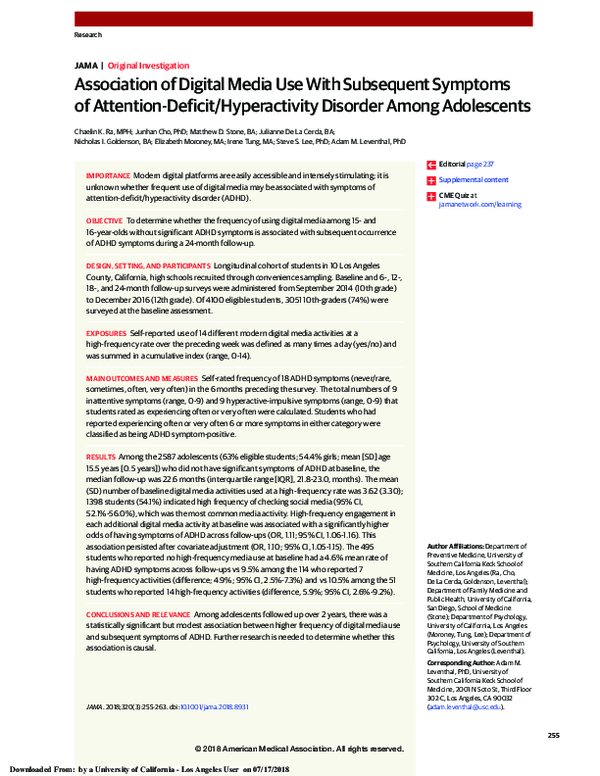 (PDF) Association of Digital Media Use With Subsequent Symptoms of Attention-Deficit ...
