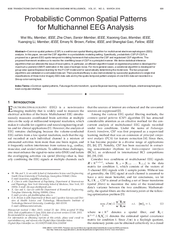 (PDF) Probabilistic Common Spatial Patterns for Multichannel EEG Analysis