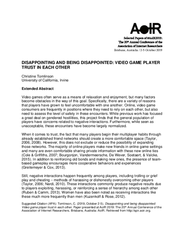 (PDF) Disappointing And Being Disappointed: Video Game Player Trust In ...