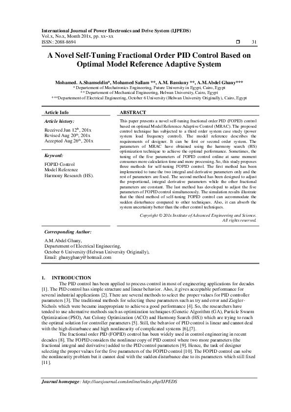 Pdf A Novel Self Tuning Fractional Order Pid Control Based On Optimal Model Reference Adaptive