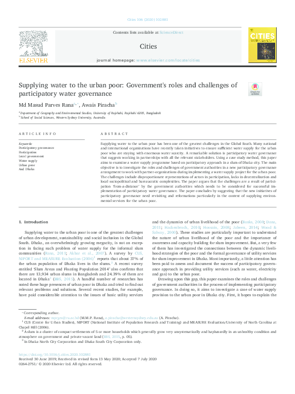 (PDF) Supplying water to the urban poor: Government's roles and ...