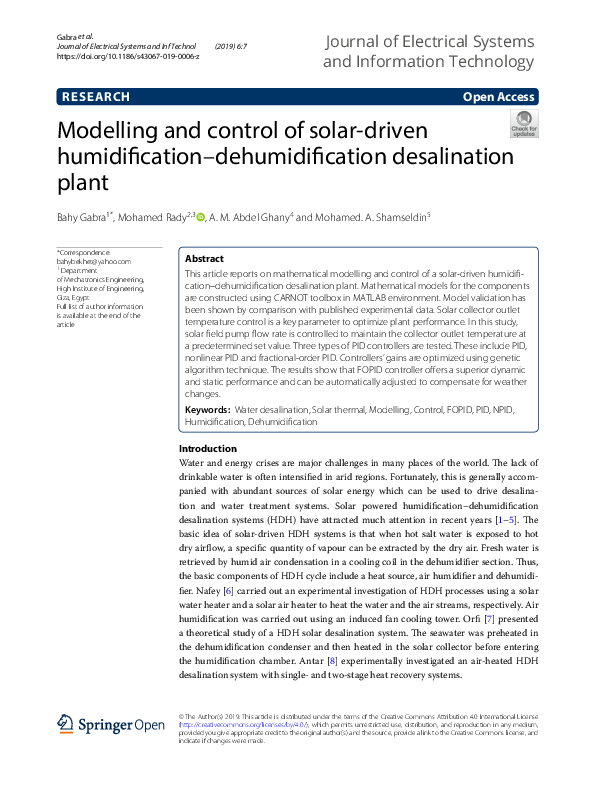(PDF) Modelling and control of solar-driven humidification ...