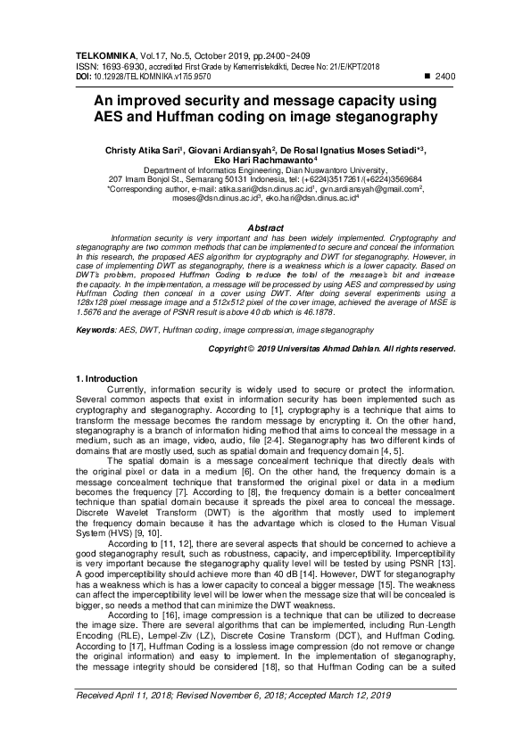 Pdf An Improved Security And Message Capacity Using Aes And Huffman