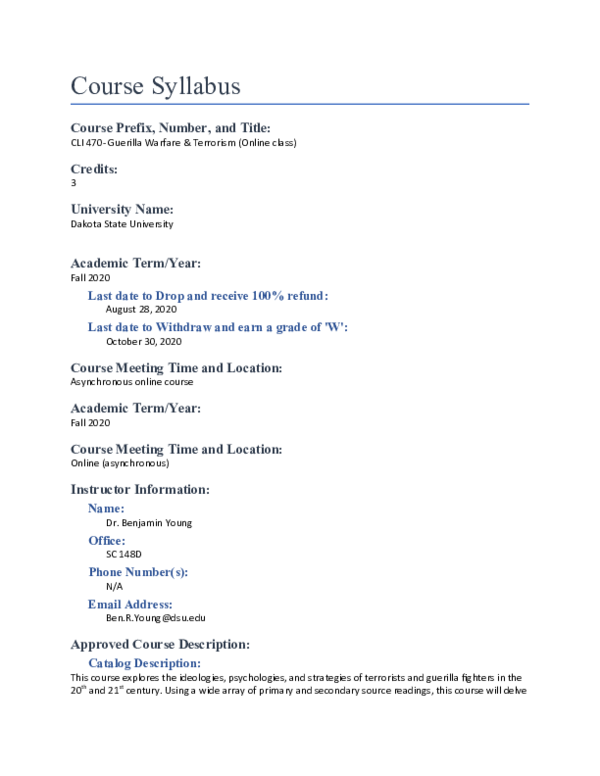 (DOC) Guerilla Warfare & Terrorism Syllabus (Fall 2020)