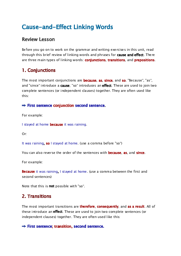 (DOC) Cause-and-Effect Linking Words Review Lesson
