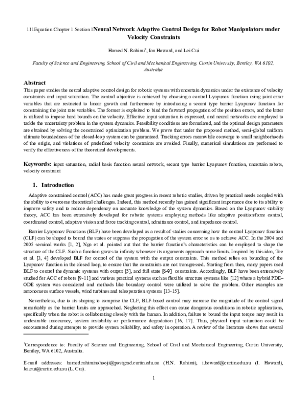 (DOC) Neural network adaptive control design for robot manipulators under velocity constraints