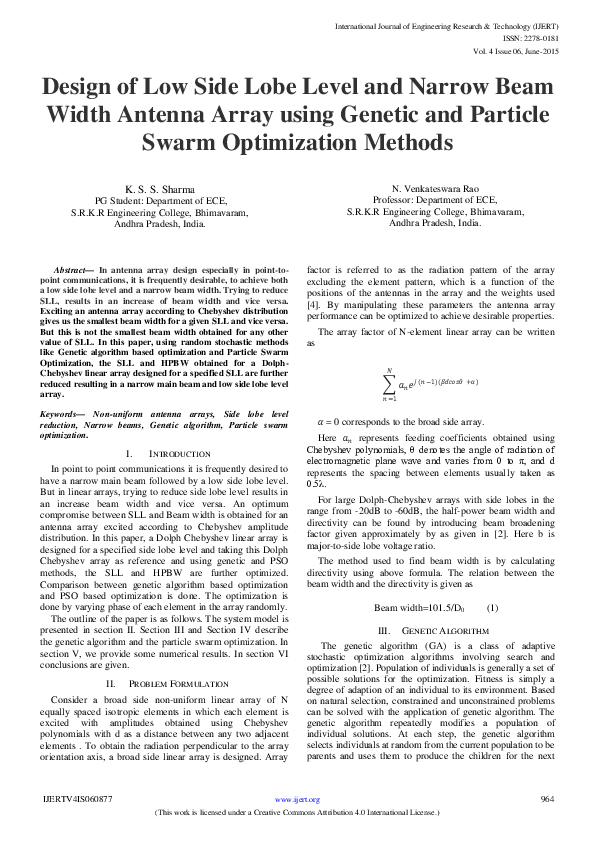 Pdf Ijert Design Of Low Side Lobe Level And Narrow Beam Width Antenna Array Using Genetic And