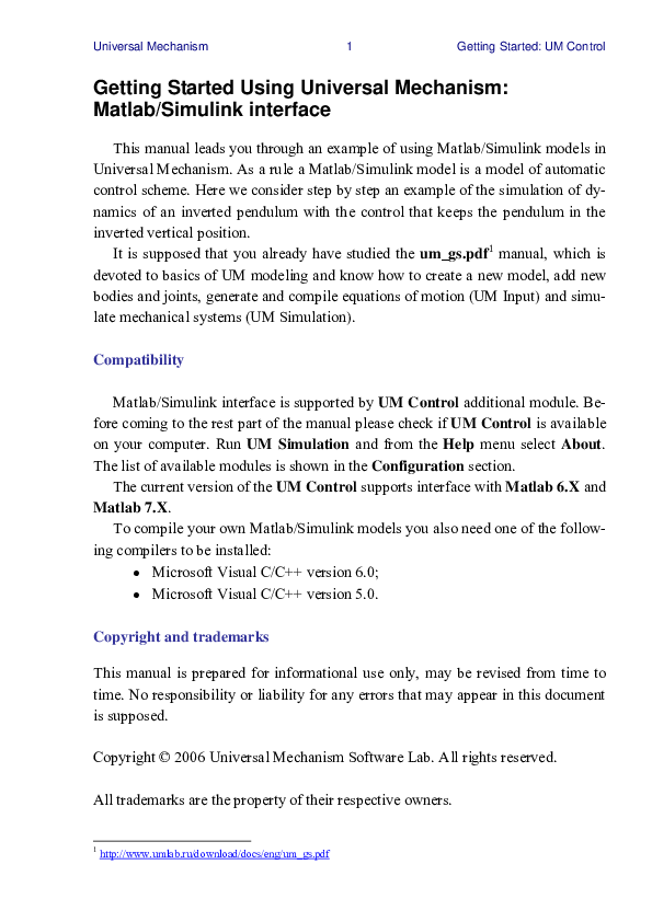 (PDF) Getting Started Using Universal Mechanism: Matlab/Simulink interface