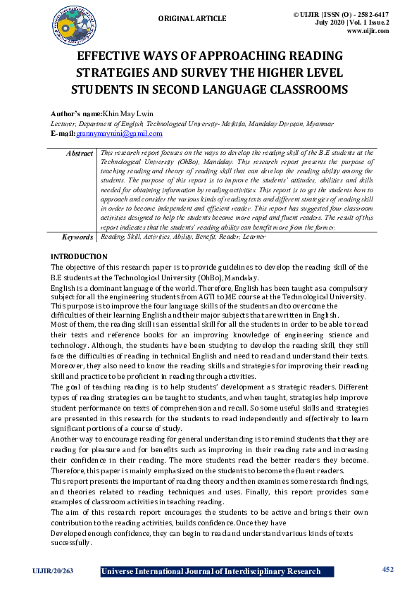 (PDF) EFFECTIVE WAYS OF APPROACHING READING STRATEGIES AND SURVEY THE HIGHER LEVEL STUDENTS IN ...