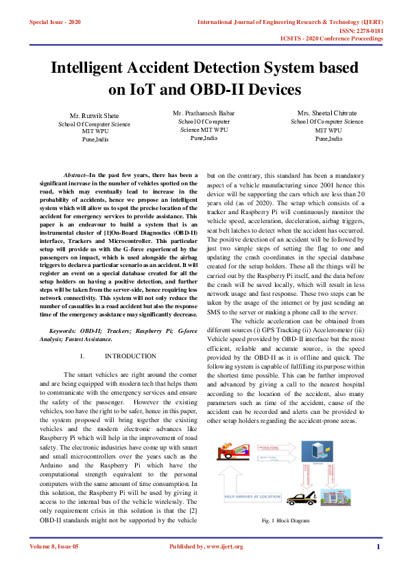 Pdf Ijert Intelligent Accident Detection System Based On Iot And Obd