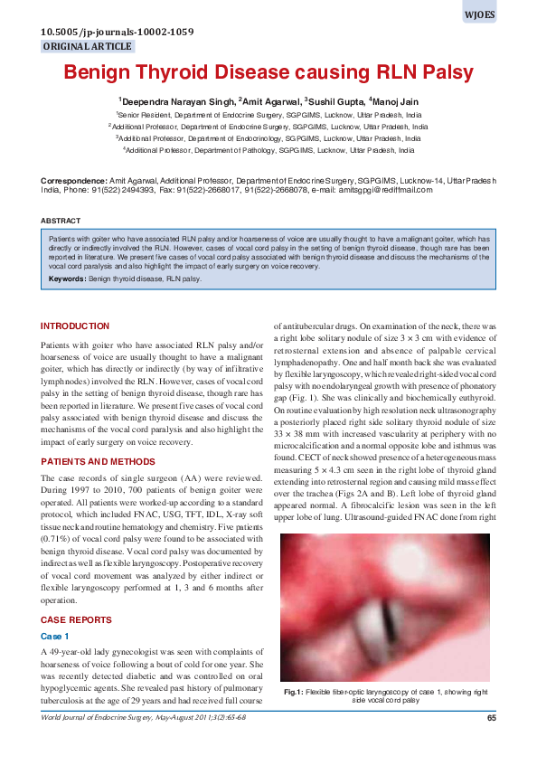 (PDF) Benign Thyroid Disease causing RLN Palsy