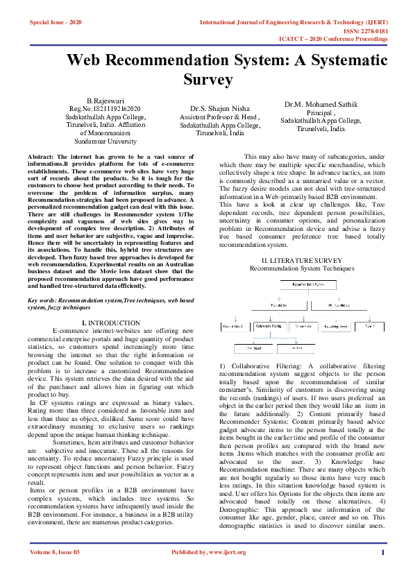 Pdf Ijert Web Recommendation System A Systematic Survey
