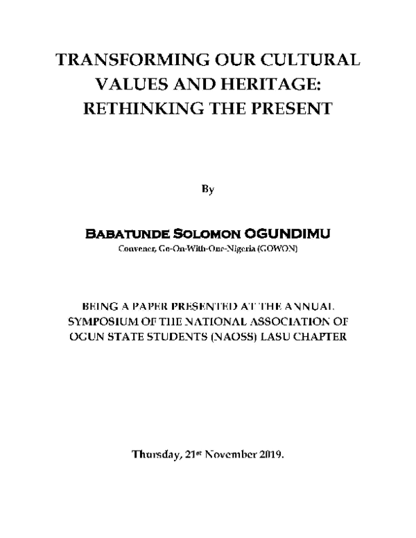 (PDF) TRANSFORMING OUR CULTURAL VALUES AND HERITAGE: RETHINKING THE PRESENT