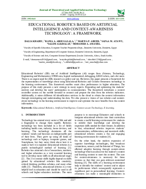 (PDF) EDUCATIONAL ROBOTICS BASED ON ARTIFICIAL INTELLIGENCE AND CONTEXT-AWARENESS TECHNOLOGY: A ...