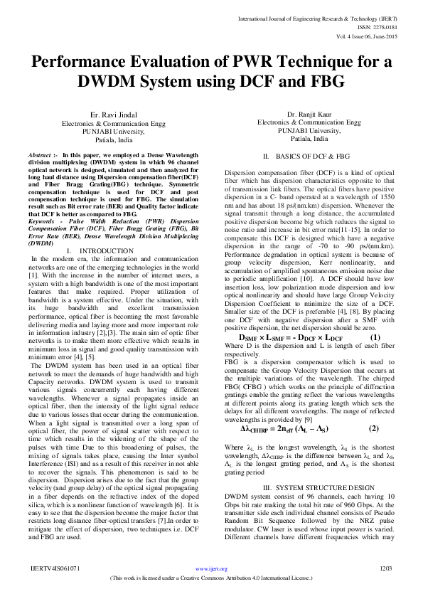 (PDF) IJERT-Performance Evaluation of PWR Technique for a DWDM System using DCF and FBG