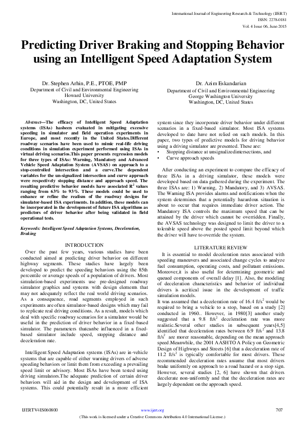 (PDF) IJERT-Predicting Driver Braking and Stopping Behavior using an ...
