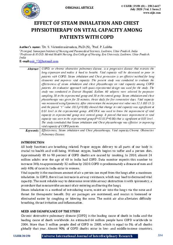 (PDF) EFFECT OF STEAM INHALATION AND CHEST PHYSIOTHERAPY ON VITAL ...