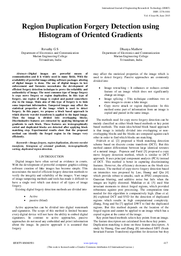 Pdf Ijert Region Duplication Forgery Detection Using Histogram Of Oriented Gradients Ijert