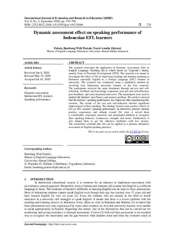 (PDF) Dynamic assessment effect on speaking performance of Indonesian ...