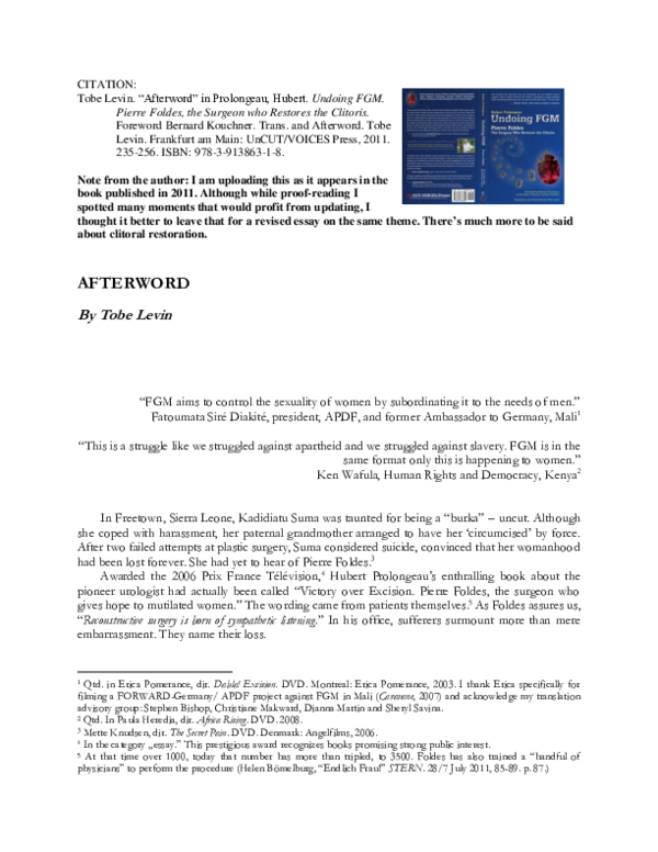 (PDF) Tobe Levin AFTERWORD Pierre Foldes Undoing FGM on clitoral ...