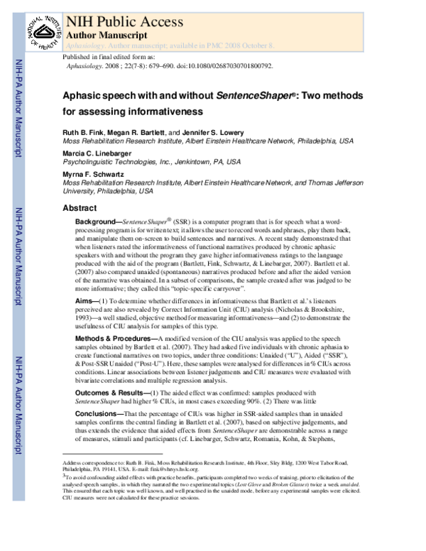 (PDF) Aphasic speech with and without SentenceShaper ® : Two methods for assessing informativeness