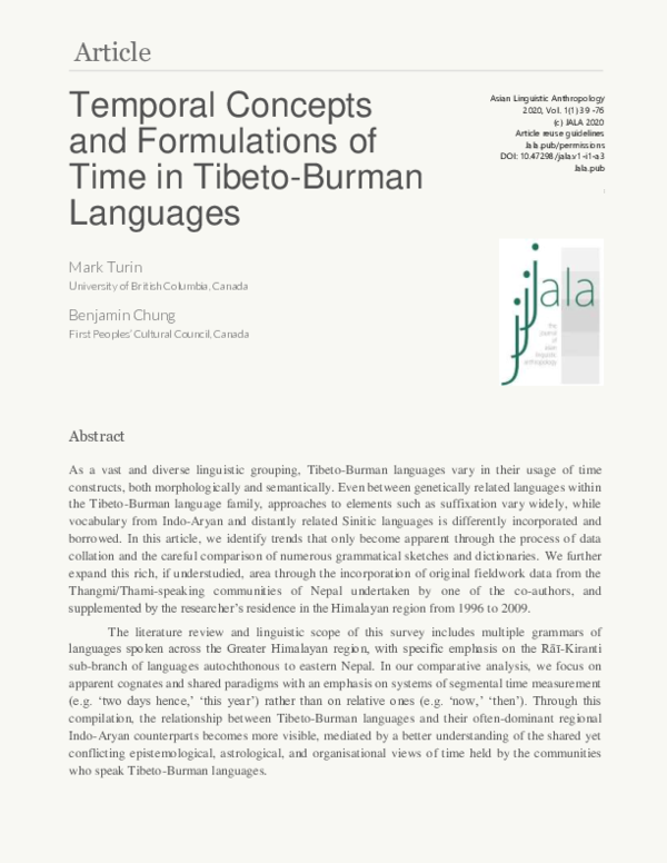 (PDF) Temporal concepts and formulations of time in Tibeto-Burman languages