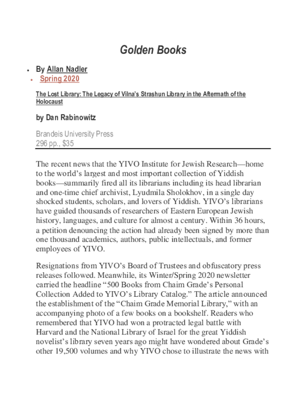 (PDF) Golden Books: Nadler on the Strashun Library