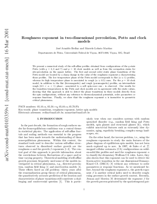 (PDF) Roughness exponent in two-dimensional percolation, Potts model, and clock model