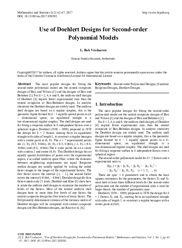 (PDF) Use of Doehlert Designs for Second-order Polynomial Models