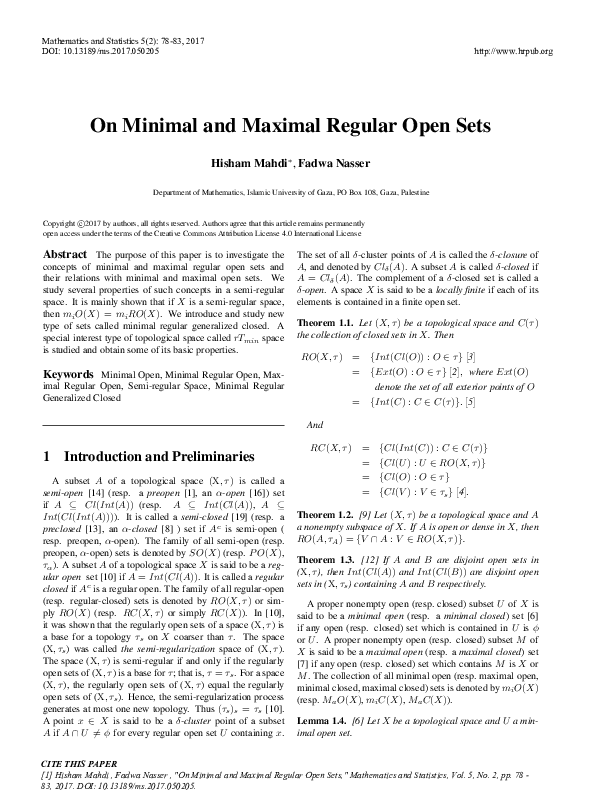 (PDF) On Minimal and Maximal Regular Open Sets