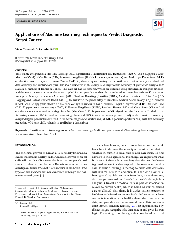 (PDF) Applications of Machine Learning Techniques to Predict Diagnostic ...