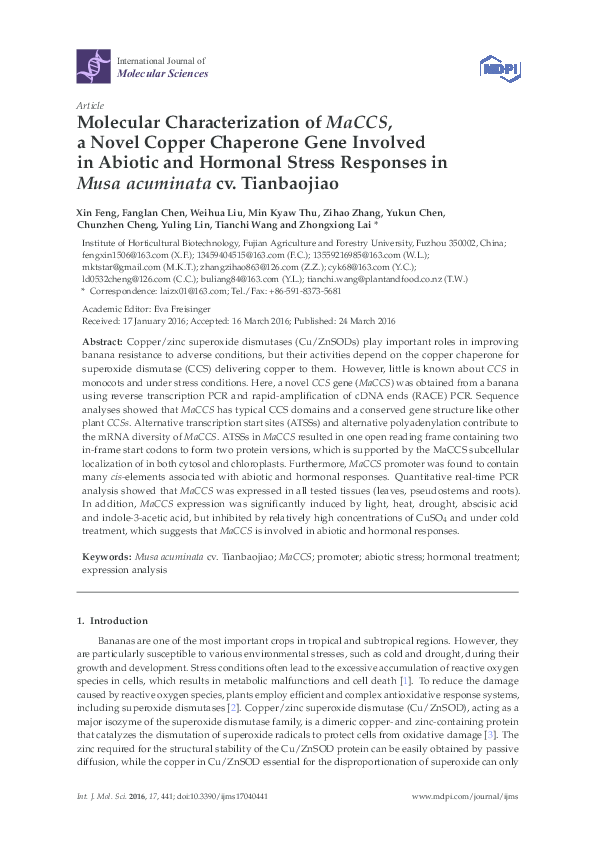 (PDF) Molecular Characterization of MaCCS, a Novel Copper Chaperone Gene Involved in Abiotic and ...