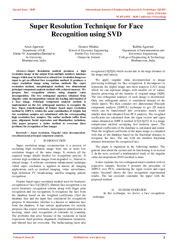(PDF) IJERT-Super Resolution Technique for Face Recognition using SVD