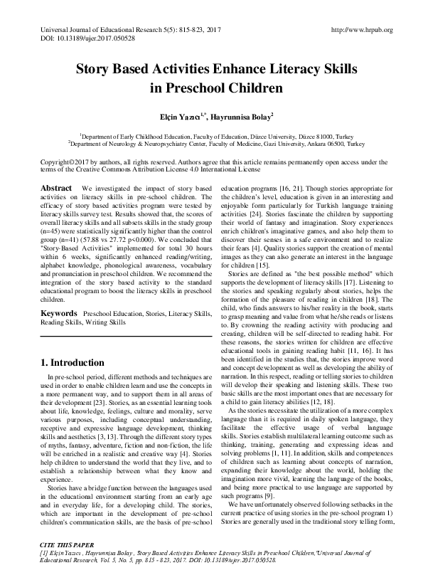 (PDF) Story Based Activities Enhance Literacy Skills in Preschool Children