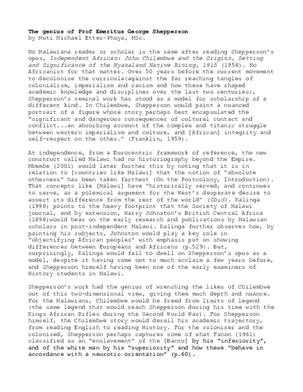 (PDF) The genius of Prof Emeritus George Shepperson