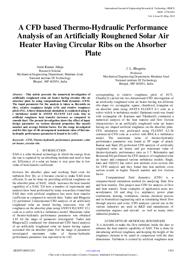 (PDF) IJERT-A CFD based Thermo-Hydraulic Performance Analysis of an Artificially Roughened Solar ...