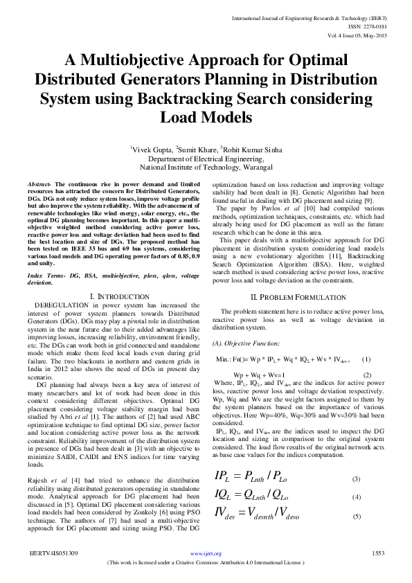 Pdf Ijert A Multiobjective Approach For Optimal Distributed Generators Planning In