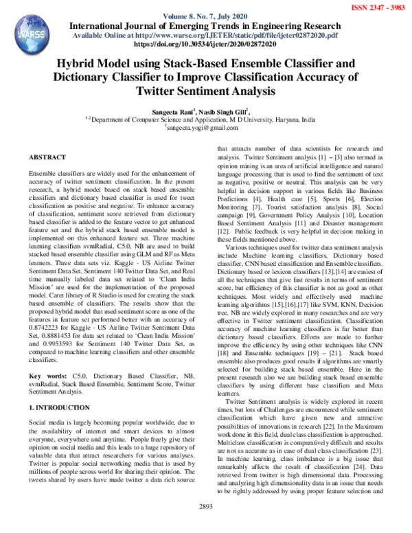 Hybrid Model Using Stack Based Ensemble Classifier And Dictionary Classifier To Improve