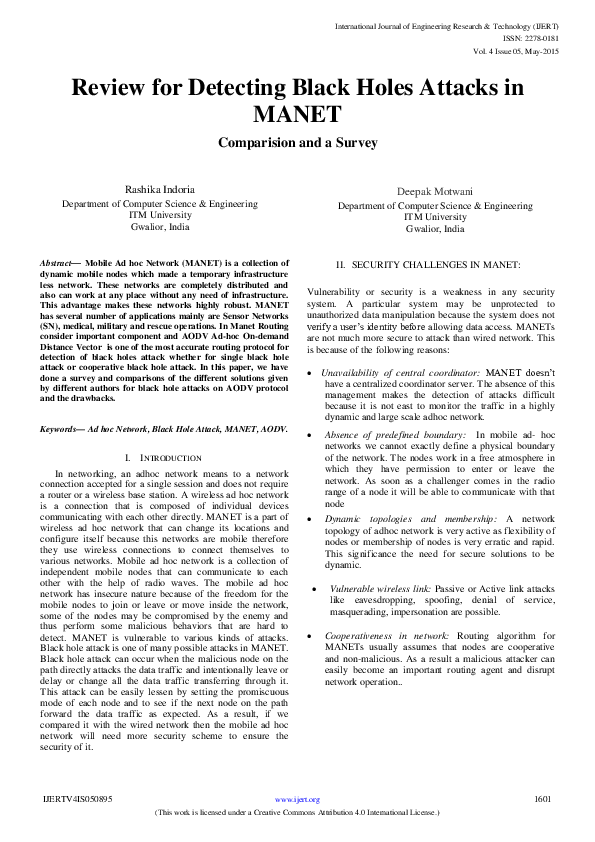 Pdf Ijert Review For Detecting Black Holes Attacks In Manet Comparision And A Survey