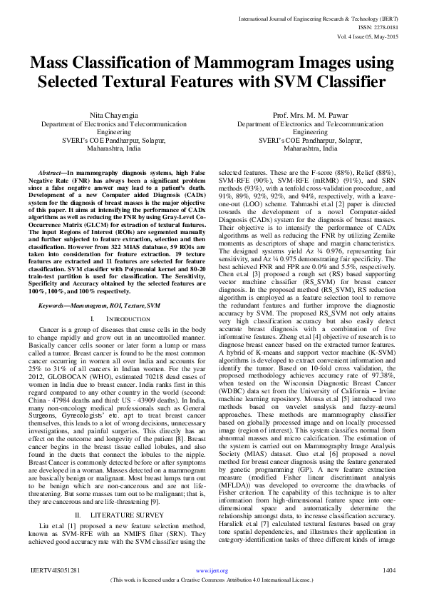 Pdf Ijert Mass Classification Of Mammogram Images Using Selected Textural Features With Svm