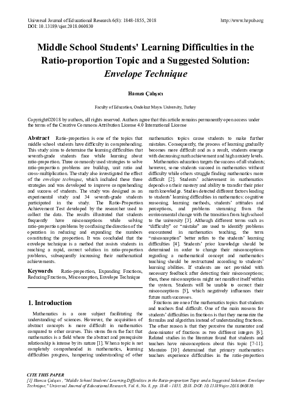 (PDF) Middle School Students' Learning Difficulties in the Ratio ...