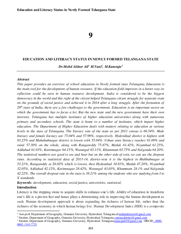 (PDF) Education And Literacy Status in Newly Formed Telangana State
