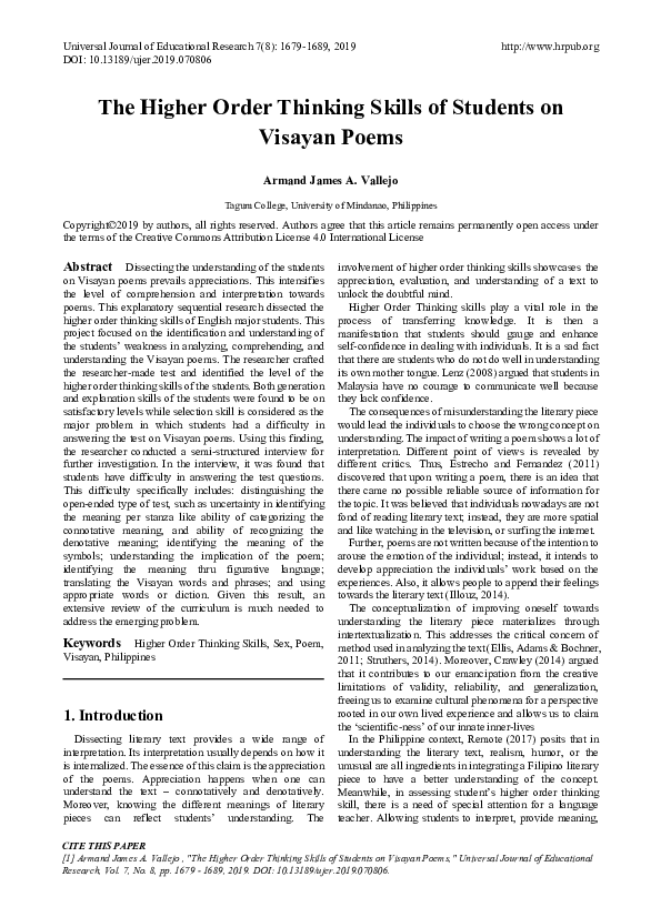 (PDF) The Higher Order Thinking Skills of Students on Visayan Poems