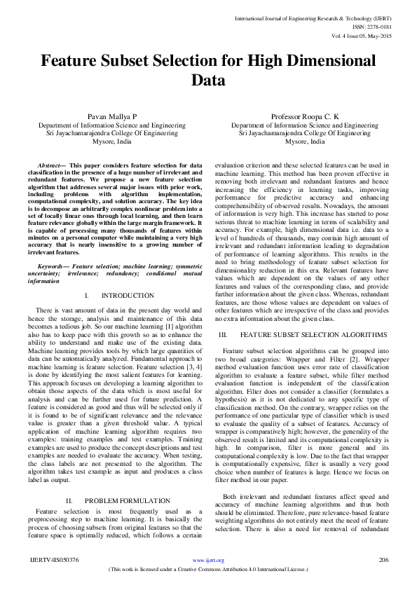 (PDF) IJERT-Feature Subset Selection for High Dimensional Data