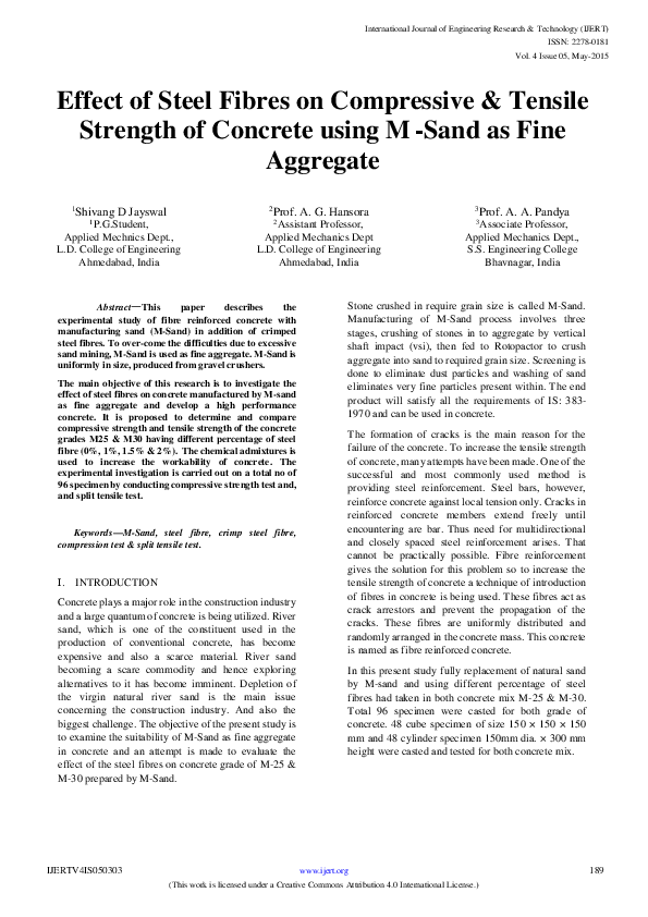 (PDF) IJERT-Effect of Steel Fibres on Compressive & Tensile Strength of Concrete using M -Sand ...