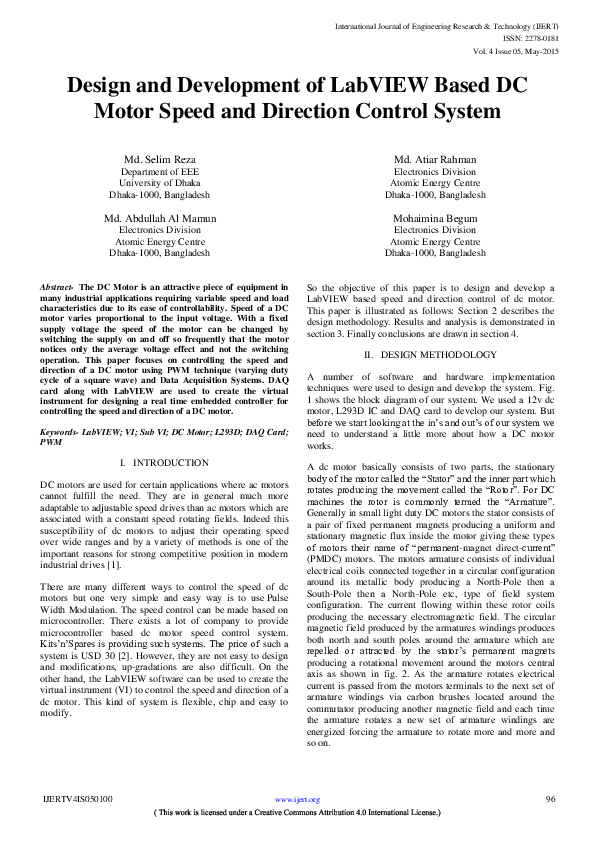 Pdf Ijert Design And Development Of Labview Based Dc Motor Speed And